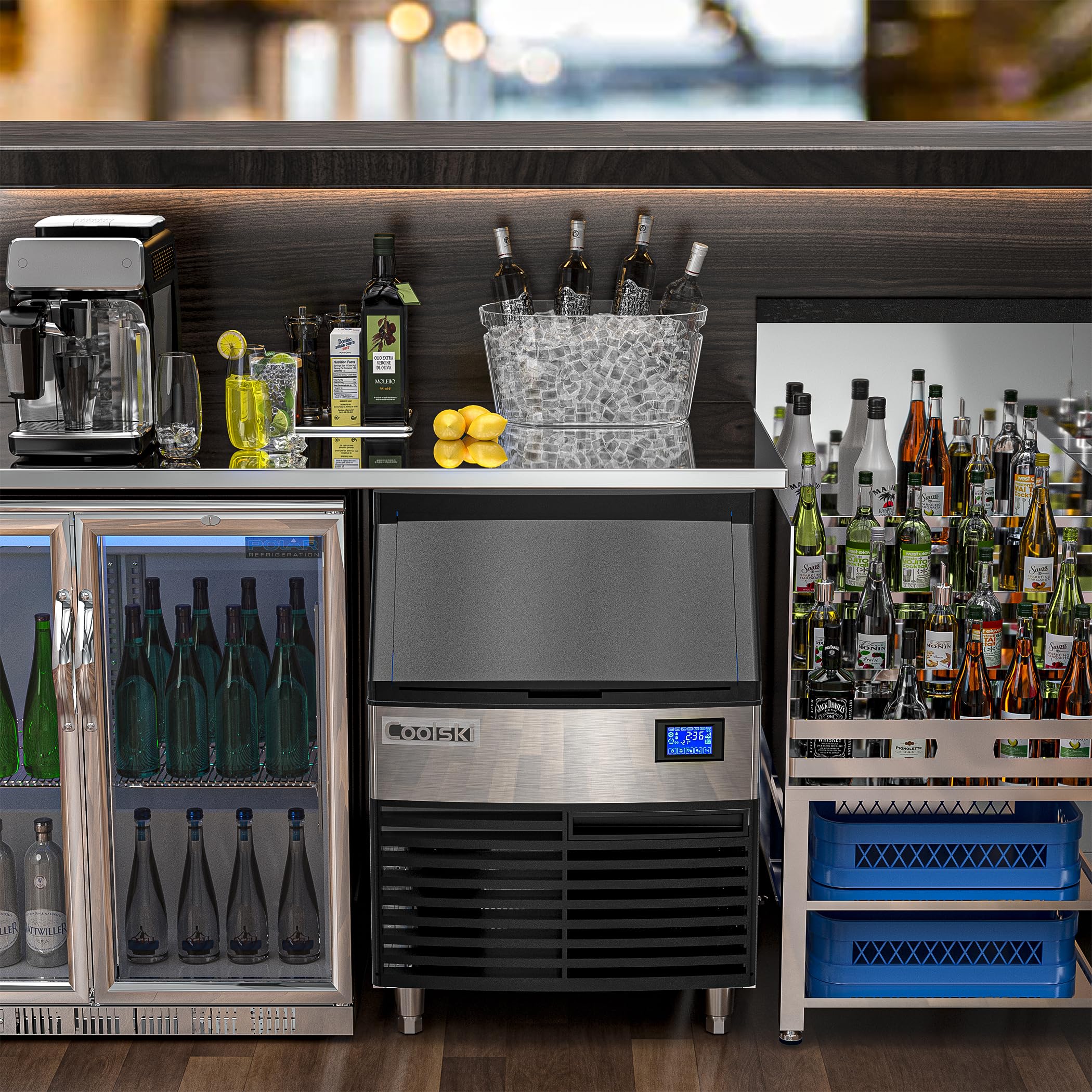Coolski Commercial Ice Maker Machine 200LBS/24H, 26ββ Under Counter Ice Machine with 80LBS Storage Capacity, Stainless Steel Ice Maker for Restaurant/Bar/Home, Air Cooled/Clear Ice Cubes/ETL Approved