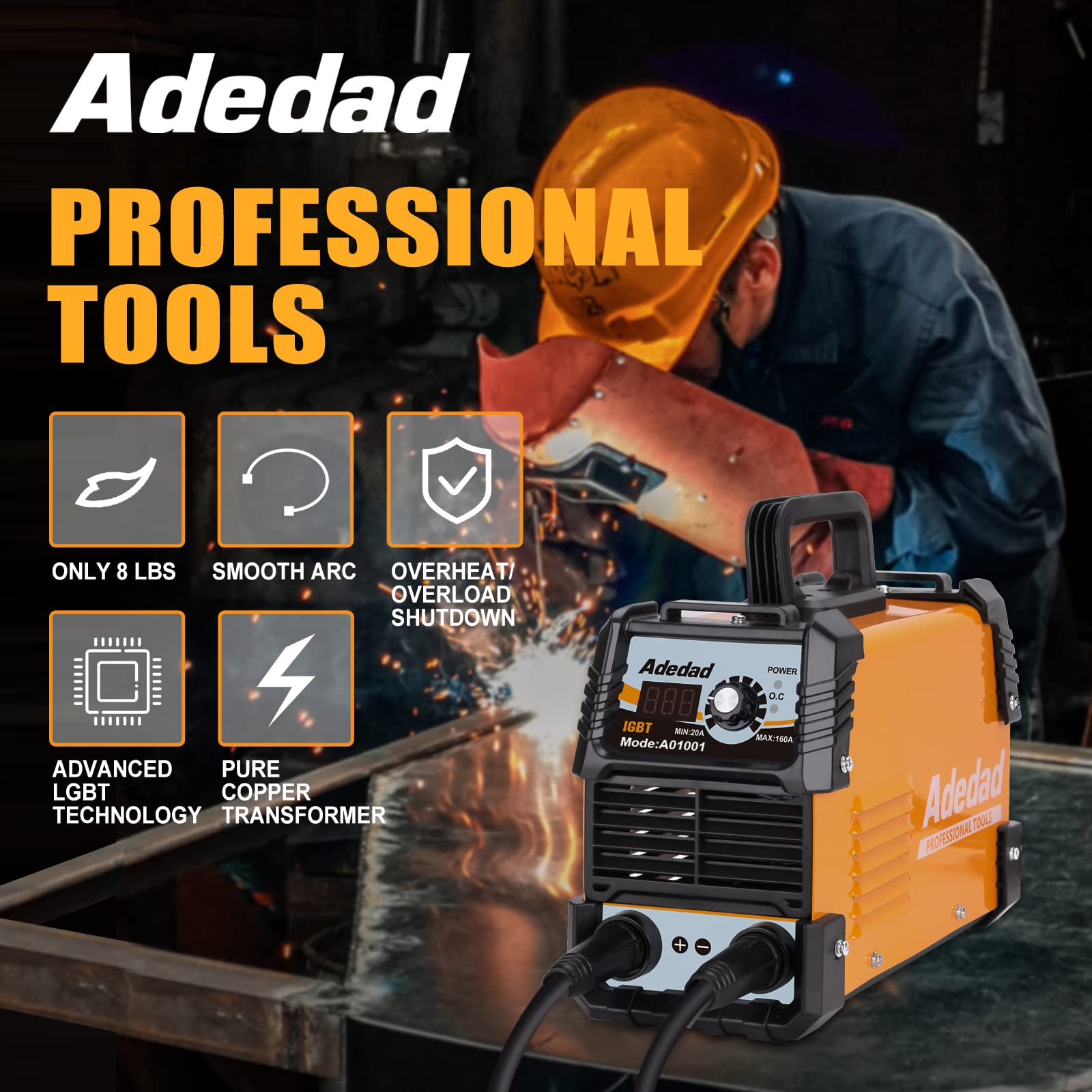 Adedad Welding Machine 160Amp, 110/220V Stick ARC Welder Machine, IGBT Inverter Digital Display LCD MMA Welder, Built-in Hot Start ARC Force Portable Electric Welding Machine, Beginner Welder Kit
