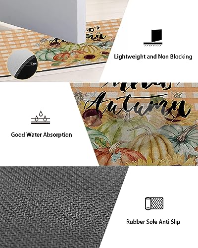 Bathroom Floor Shower Mat, Non-Slip Small Rugs - Easy to Clean, Hello Autumn Thanksgiving Pumpkin Sunflower Daisy Pattern Durable Bath Rug 20"x32" Washable Quick Dry Mats for Bathtubs