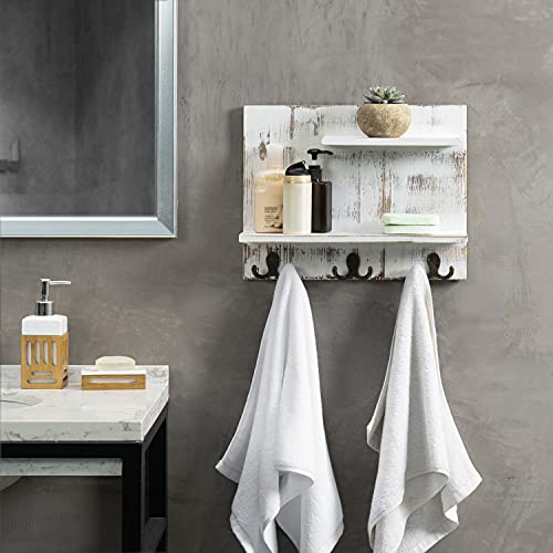 MyGift Shabby Whitewashed Wood Wall Mounted Storage Organizer Shelf with 6 Hooks