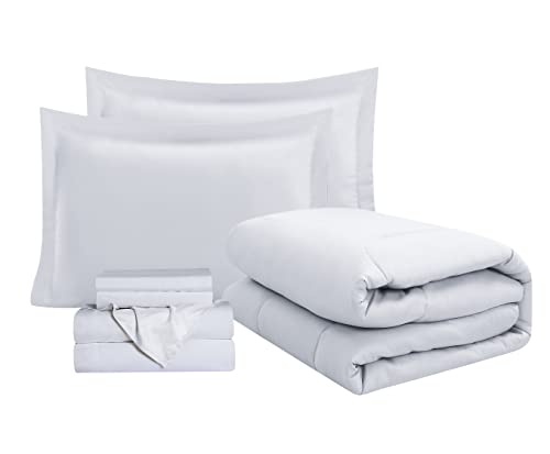 Cathay Home Basic Bedding Home Essential Ultra Soft Light Weight 8PC Wrinkle Resistant Microfiber Bed in a Bag Set (Includes Complete Sheet Set, Comforter Set & Bedskirt) - Full, White