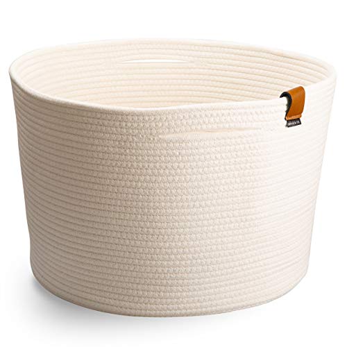 DENJA & CO Extra Large Blanket Basket for Living Room - White Farmhouse Woven Baskets for Storage | Cotton Rope Large Baskets for Blankets, Pillows, Toys, or Laundry | Ivory White (21" Wide x 13.8" Tall)