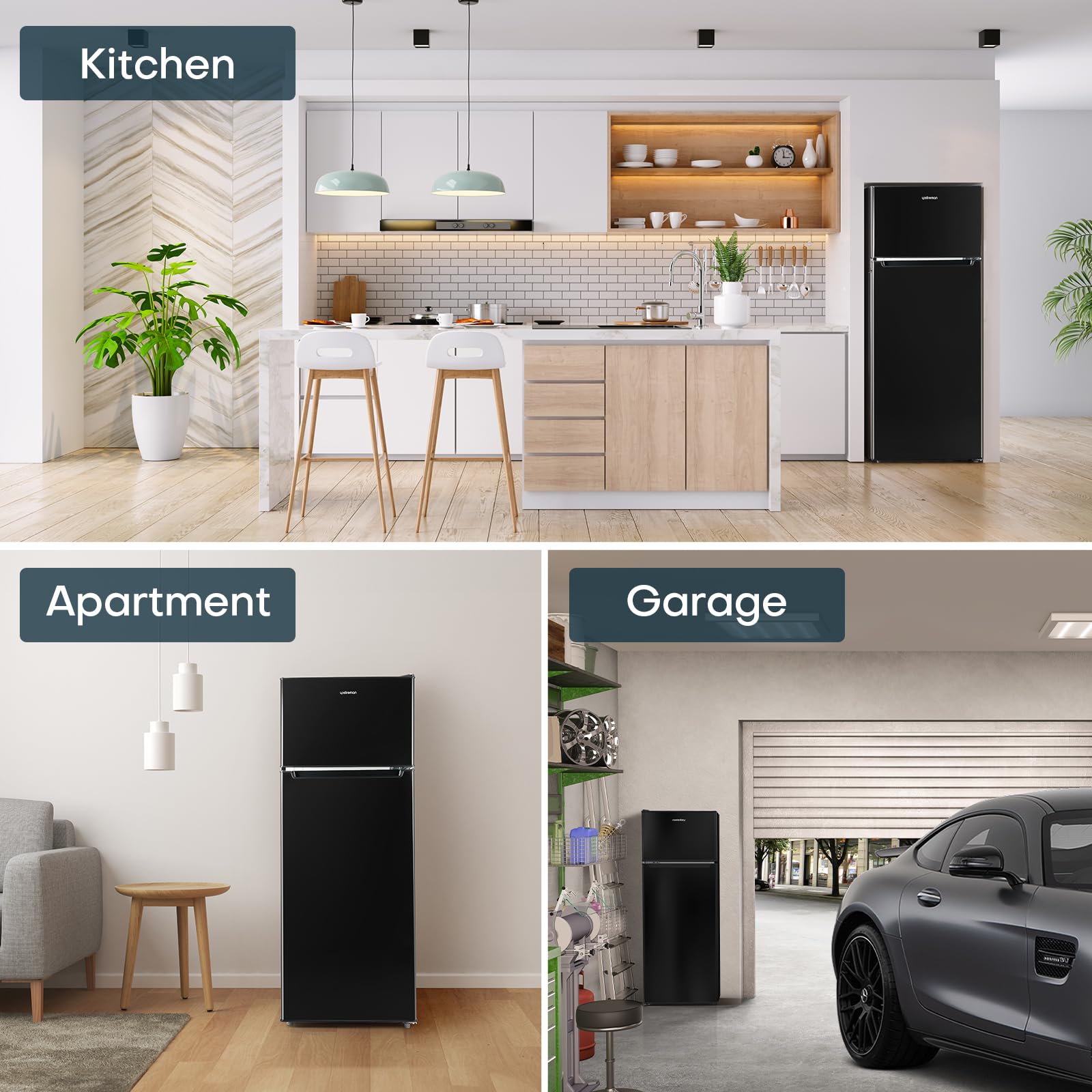 Upstreman 7.7 Cu.Ft. Refrigerator with Freezer, Double Door Refrigerator, Adjustable Thermostat, Large Capacity, Reversible Door Swing, Refrigerator for Apartment, Office, Dorm, Black(BD75)