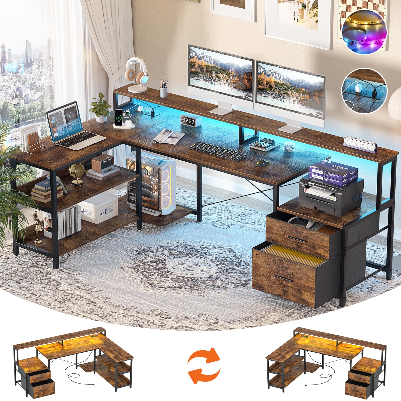 Aheaplus L Shaped Desk with File Drawer, 72.8" Reversible L Shaped Computer Desk with Power Outlet & LED Strip, Gaming Desk with Monitor Stand, Office Desk Corner Desk with Storage Shelf, Rustic Brown