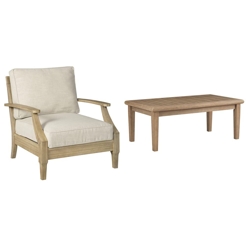 Signature Ashley Clare View Lounge Chair + Gerianne Rectangular Coffee Table Outdoor Set, Beige