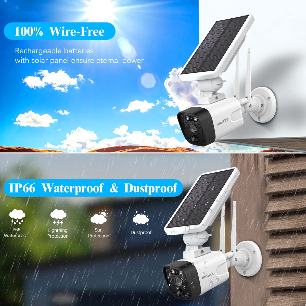 OOSSXX Solar Security Camera Outdoor Wireless Solar Powered Wireless Camera with Rechargeable Battery, WiFi Home Surveillance Camera 4.0MP with Two Way Audio (4MP 2 Packs)