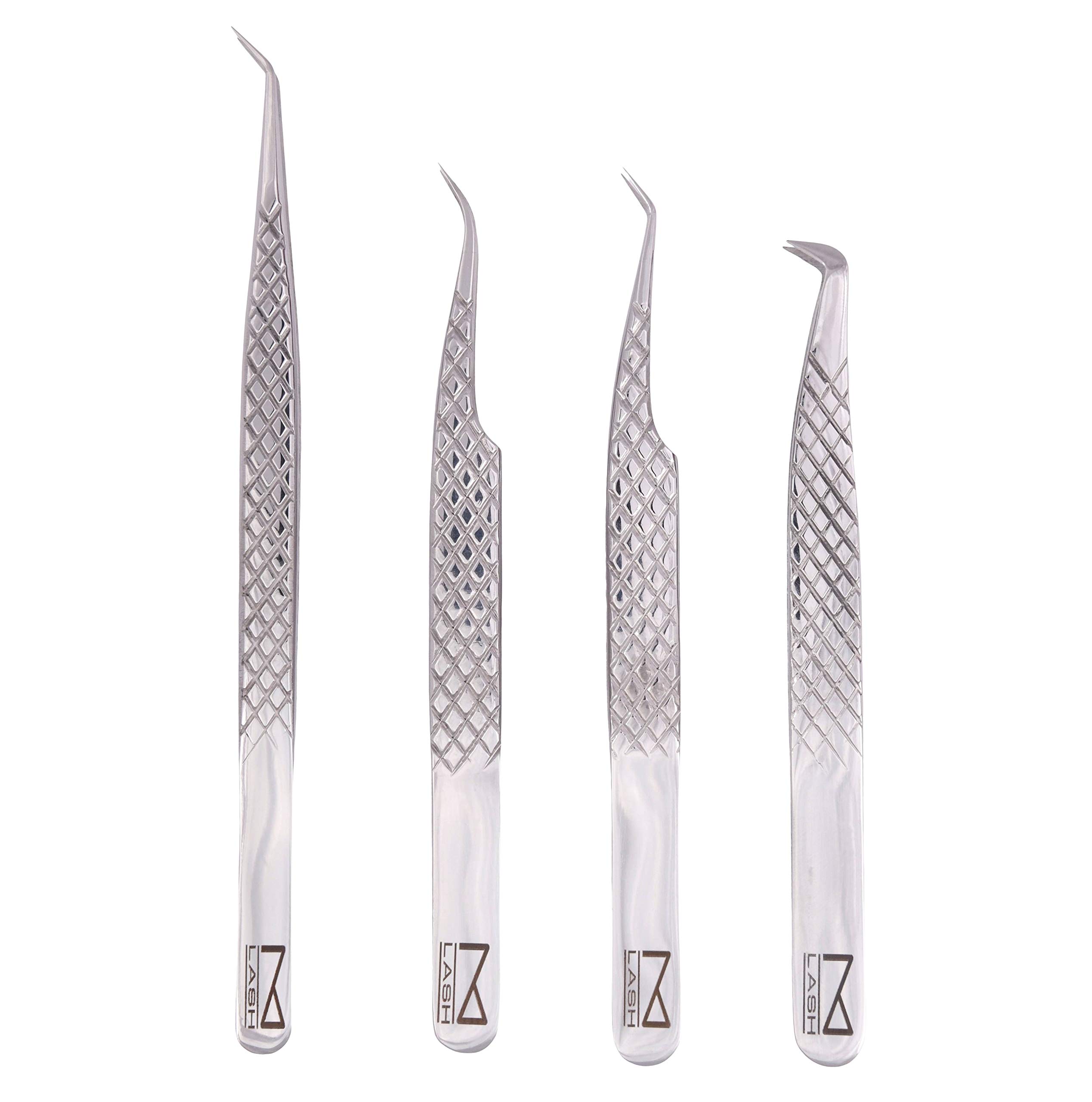 M LASH Tweezers for Eyelash Extensions (Set of 4) - Professional Lash Extension Tweezers - Fiber Tip, Japanese Steel, Diamond Grip Eyelash Extension Tweezer (Silver)