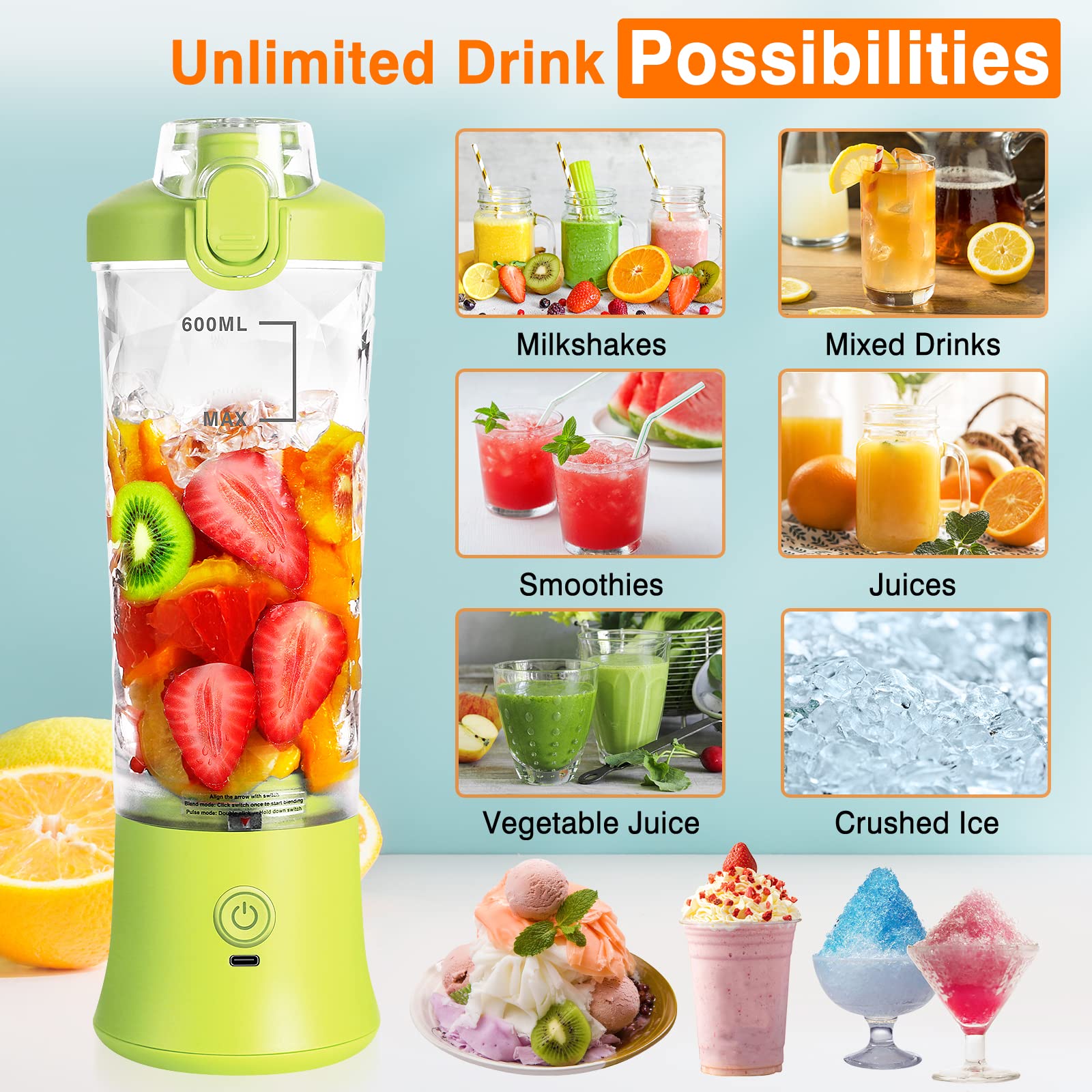 20oz Portable Blender, Personal Size Blender Smoothies and Shakes With 6 Blades, USB Rechargeable Blender Fruit Juicer with 2 Mixing Modes & LED Light, With for Kitchen Outdoor Gym Office (Yellow)