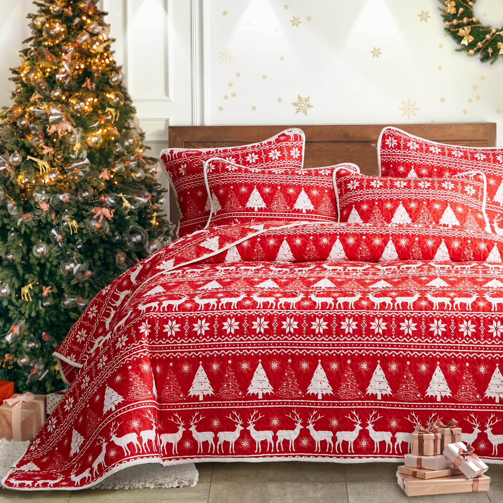 3 Pieces Quilt Set Christmas Red and White Deer with Snowflake King Size Full Queen 88"x88" Soft Microfiber Lightweight New Year Holiday Style Reversible