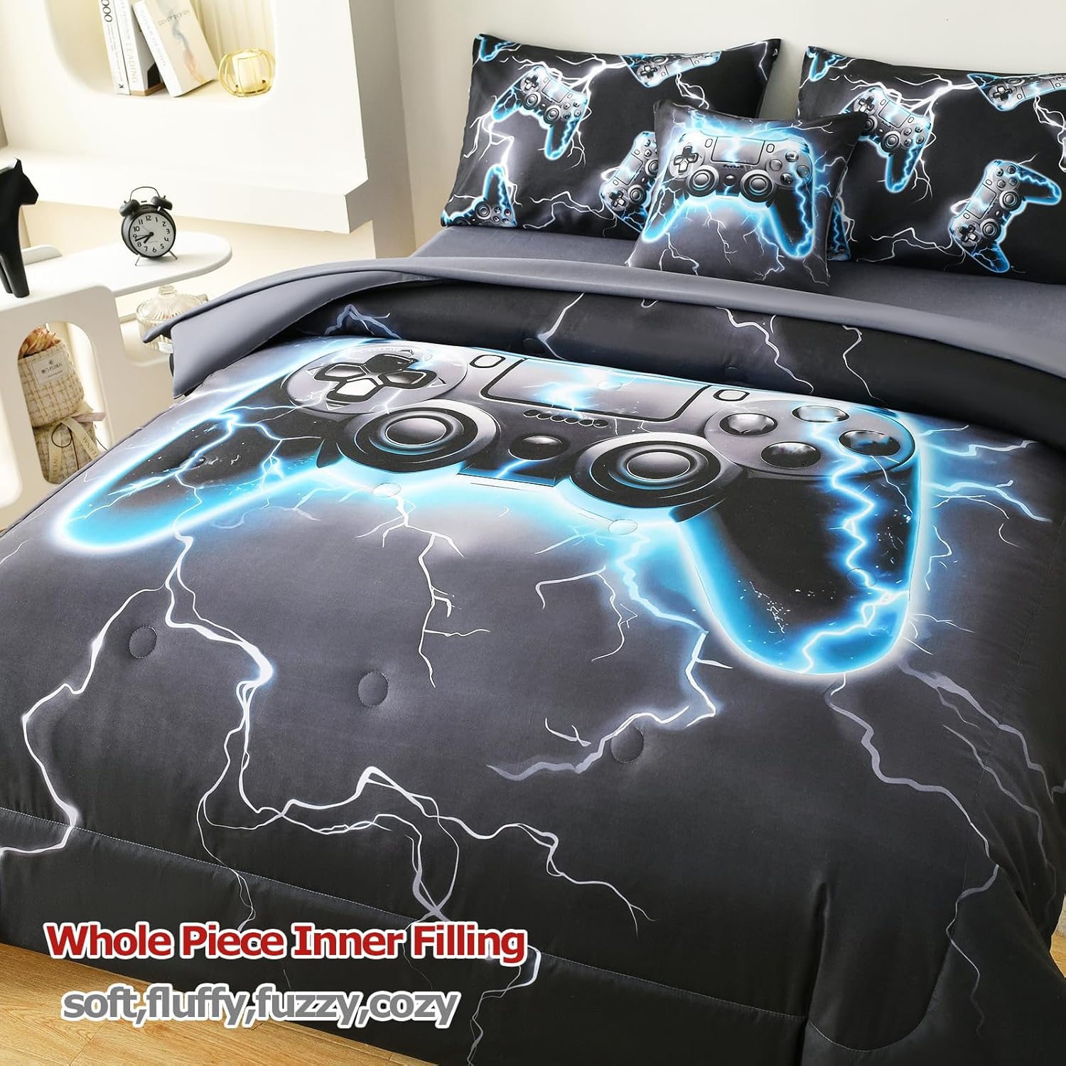 DORCAS Twin Comforter Set with Sheets for Boys,Twin Gamer Bedding Set Black 6 Pcs Game Console Boys Comforter Sets Twin for Kids Teens,Microfiber Boys Gaming Bed Set for All Season Use(Black,Twin)