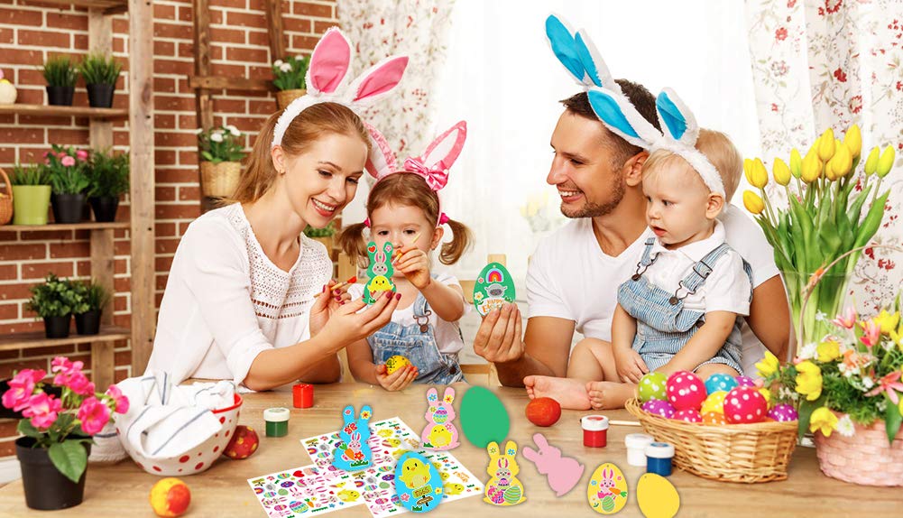 WaaHome Easter Arts and Crafts Kits with 24 Egg and Bunny Cards, Easter Egg Bunny Basket Flowers Stickers Crafts for Kids School Classroom Game Party Favors