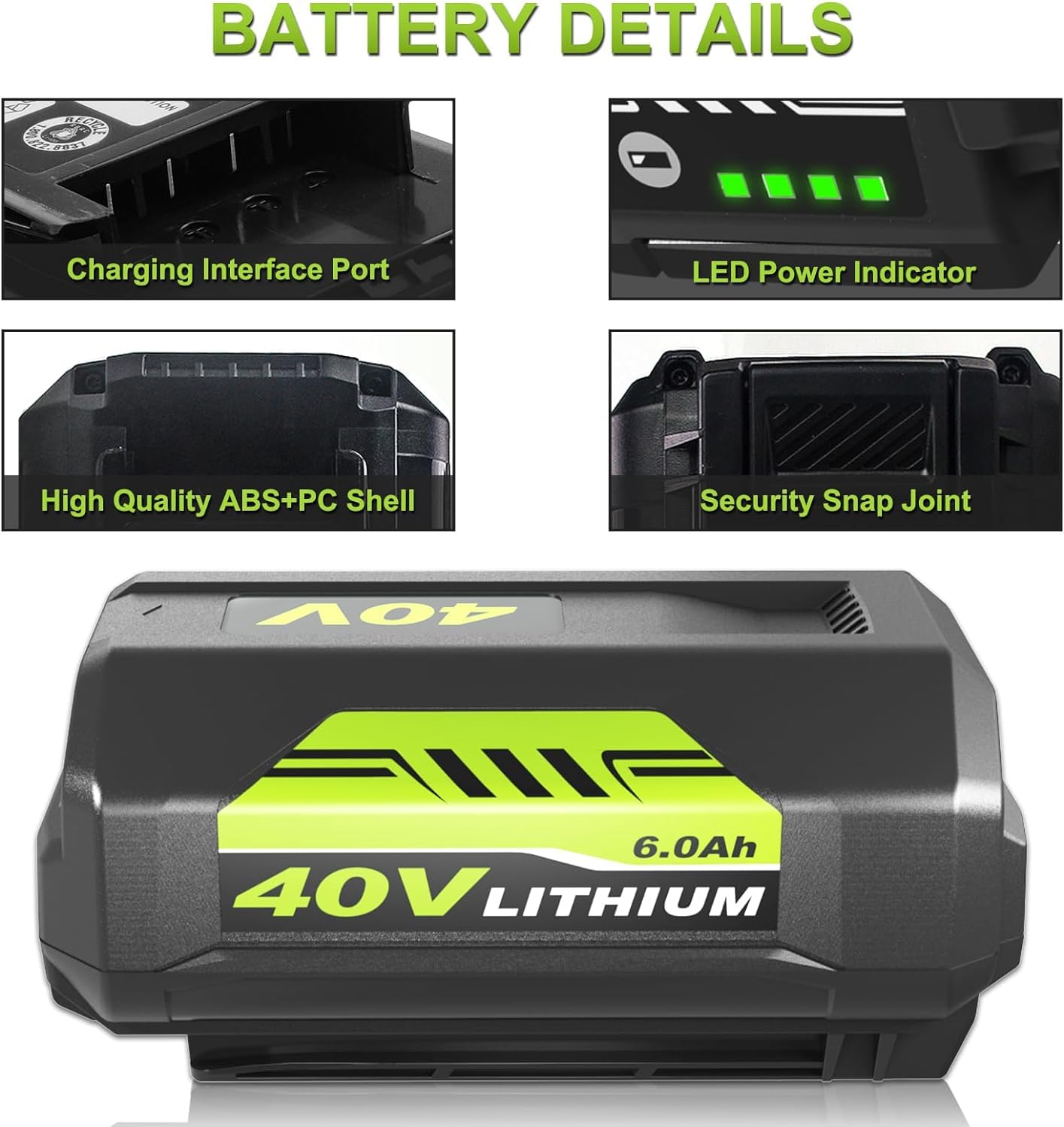 6.0Ah Replacement for Ryobi 40V Battery Lithium Ion Compatible with Ryobi 40 Volt Battery Lithium OP4026A OP4015 OP4040 OP40201 OP4050A OP4015 OP40261 OP4030 OP40401 OP4060 Cordless Power Tools
