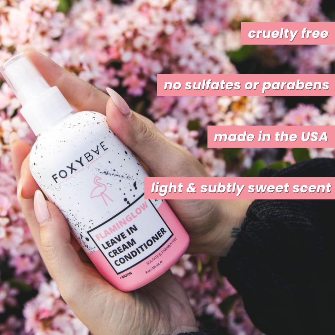 FoxyBae Leave In Conditioner Spray - with Biotin - Hair Detangler for Dryness & Damage - Hydrating, Conditioning, Detangling - Flaminglow - 8 Fl Oz