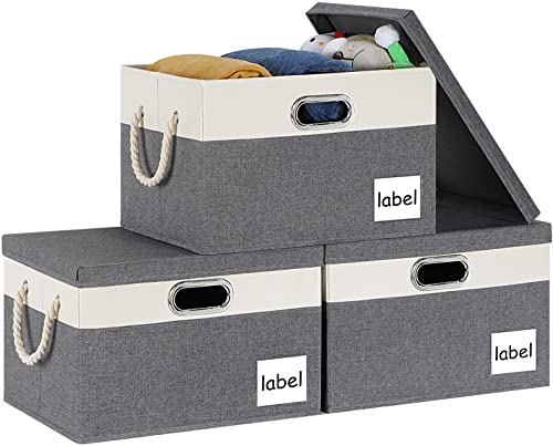 ASXSONN Large Storage Bins with Lids, Fabric Storage Bins with Label & 3 Handles, Foldable Storage Boxes with Lids, Storage Baskets with Lids for Organizing Home Office (15"x11"x9.6", Grey&White, 3 Pack)