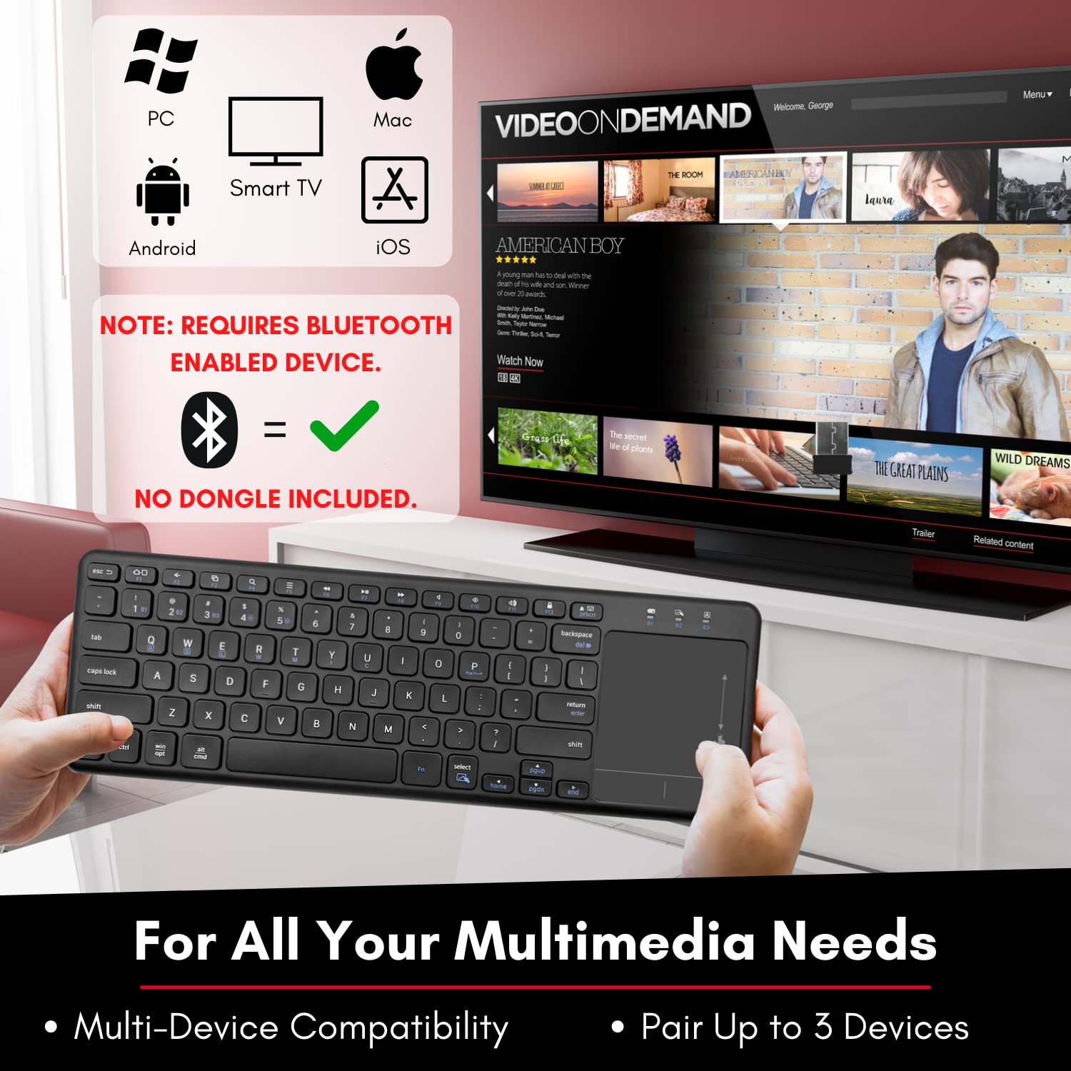 Macally Bluetooth Keyboard with Touchpad for Easy Media Control - Perfect TV Wireless Keyboard with Trackpad for Samsung LG HTPC Mac - Small - Smart TV Keyboard