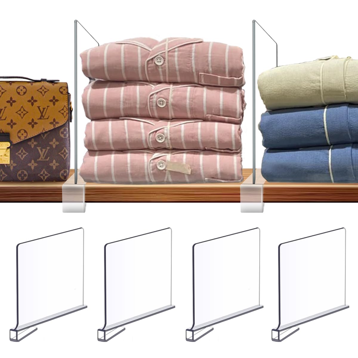 4 Pack Acrylic Shelf Dividers for Closet Organization, Plastic Shelve Divider for Clothes, Closet Dividers for Shelves Shelf Organizer for Closet Shelf Organizer for Wood Closet Separator Clear