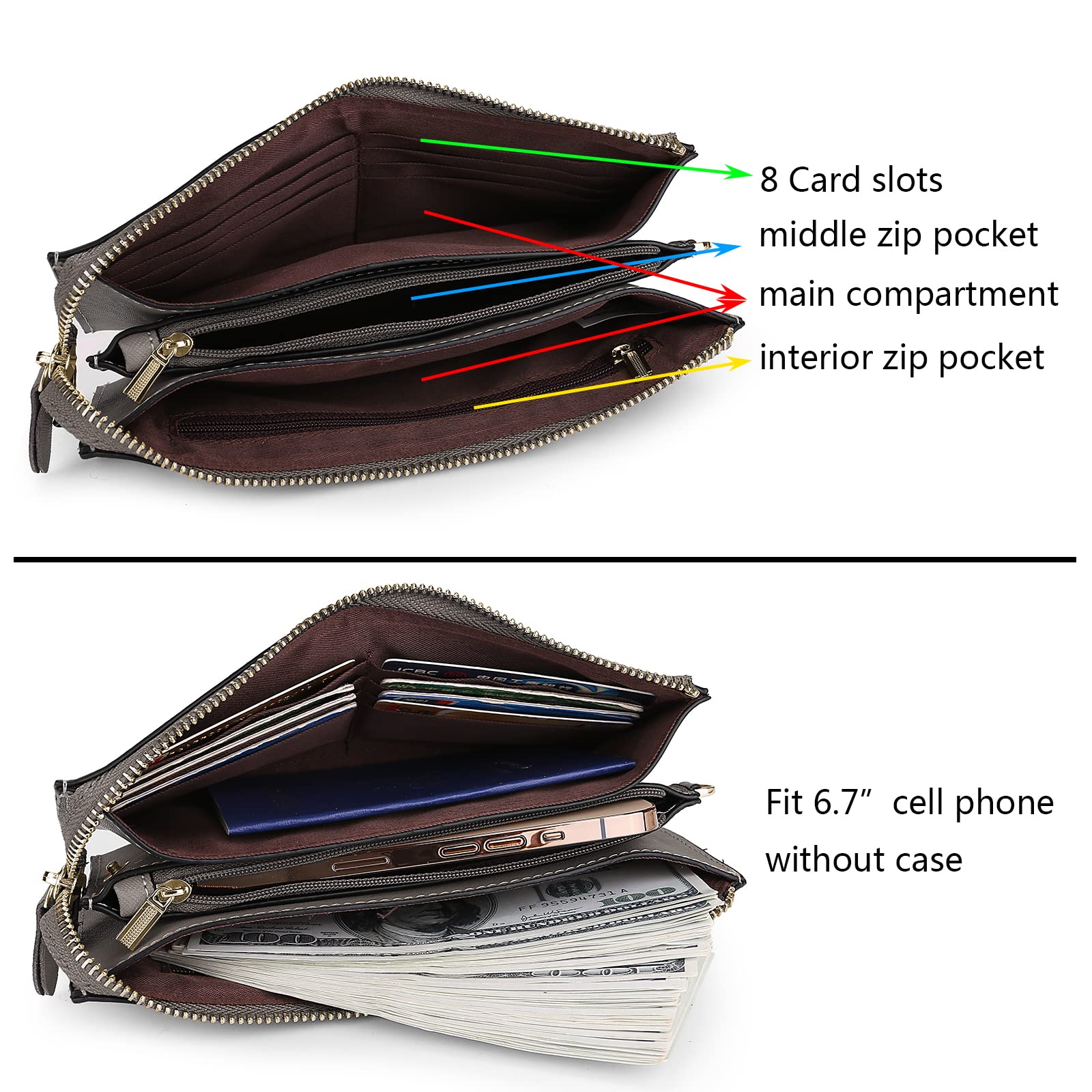 YALUXE Women's RFID Protected Wristlet Clutch Cell Phone Wallet Multi Card Organizer Zip Purse Genuine Leather
