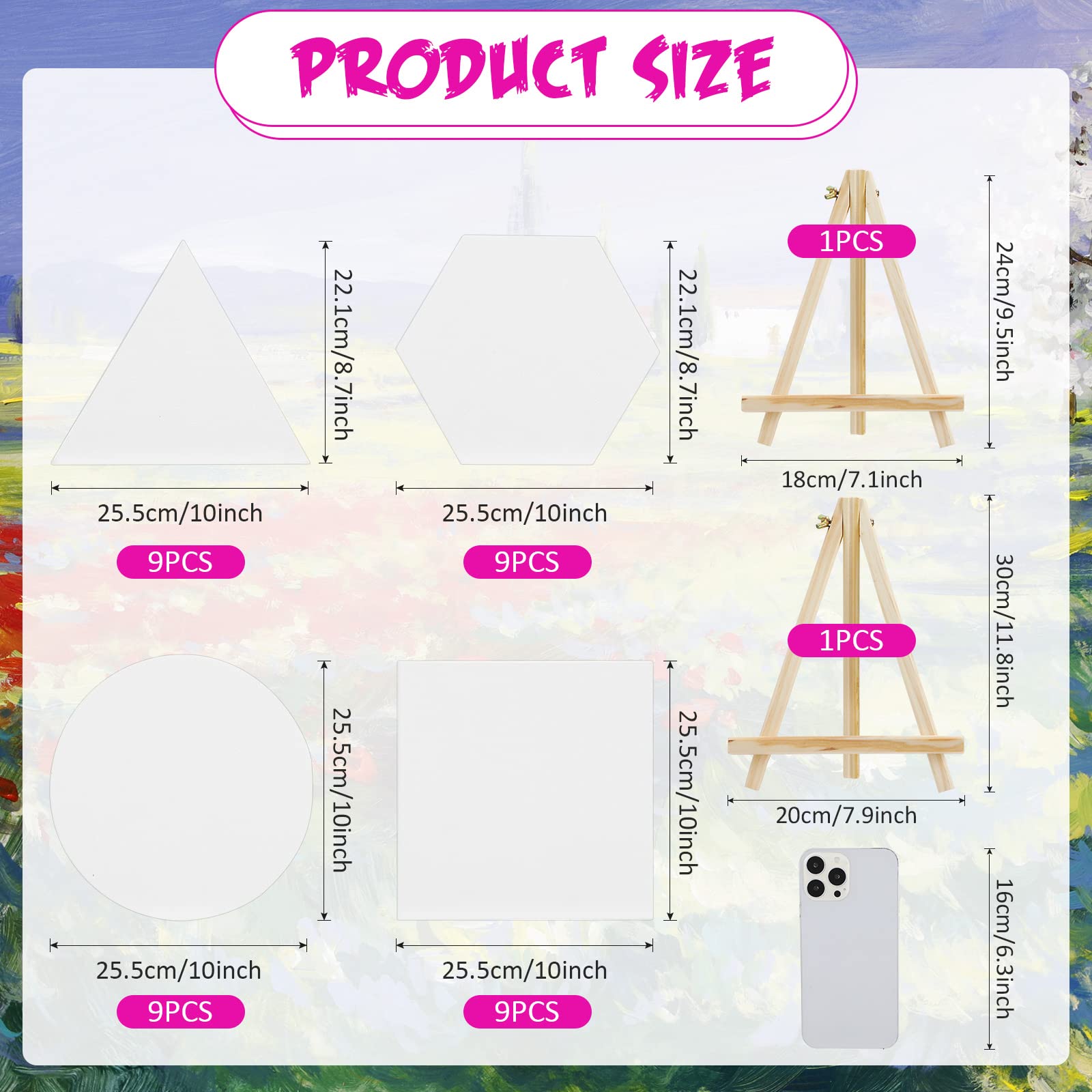 36 Pcs Canvases for Painting Kids 2 Mini Easels Blank Hexagon Round Triangle Shape Painting Canvas Stretched White Panels Canvas Boards for Arts (6 Inch)