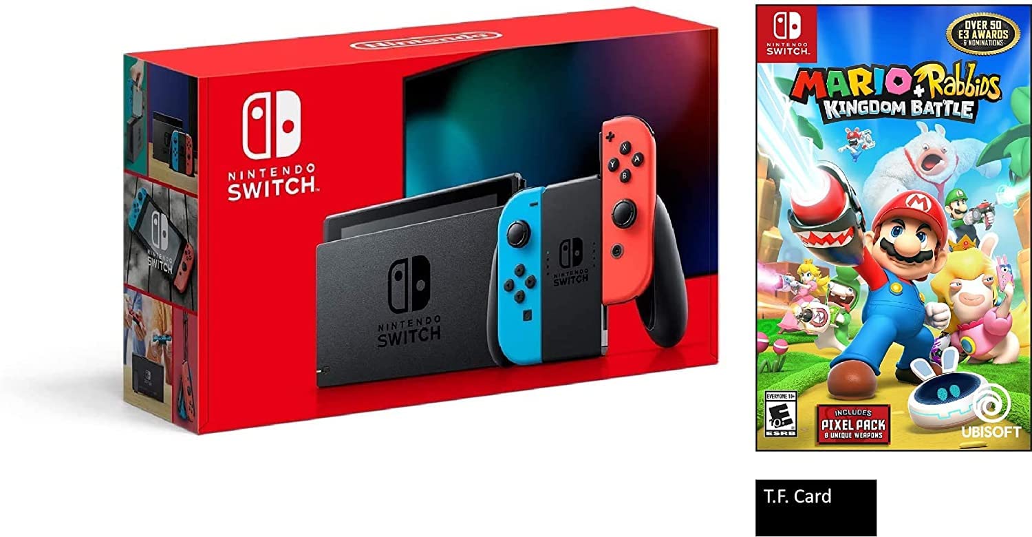 New Switch Deluxe Game Bundle For Holiday: Nintendo Switch with Neon Blue and Neon Red Joy-Con - 6.2" Touchscreen LCD Display + Mario and Rabbids Kingdom Battle Game, and T.F. Card