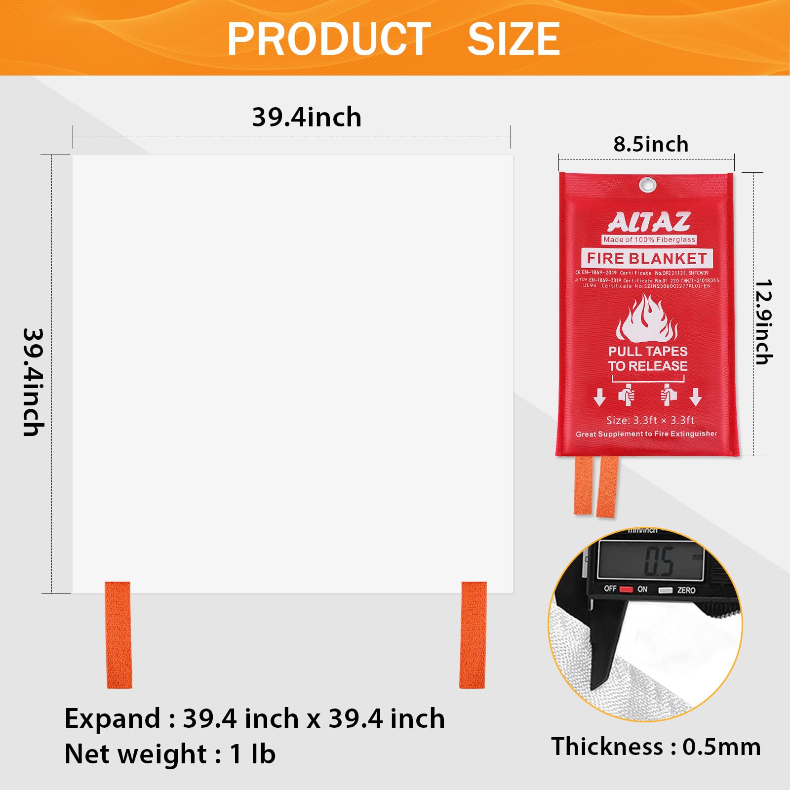 Emergency Fire Blanket for Home Kitchen - 39.4"x39.4" Flame Suppression Fiberglass Fire Blankets for Camping, Grill, Car, Office, Warehouse, Fireplace, Survival, Safety Altaz (2 Pack)