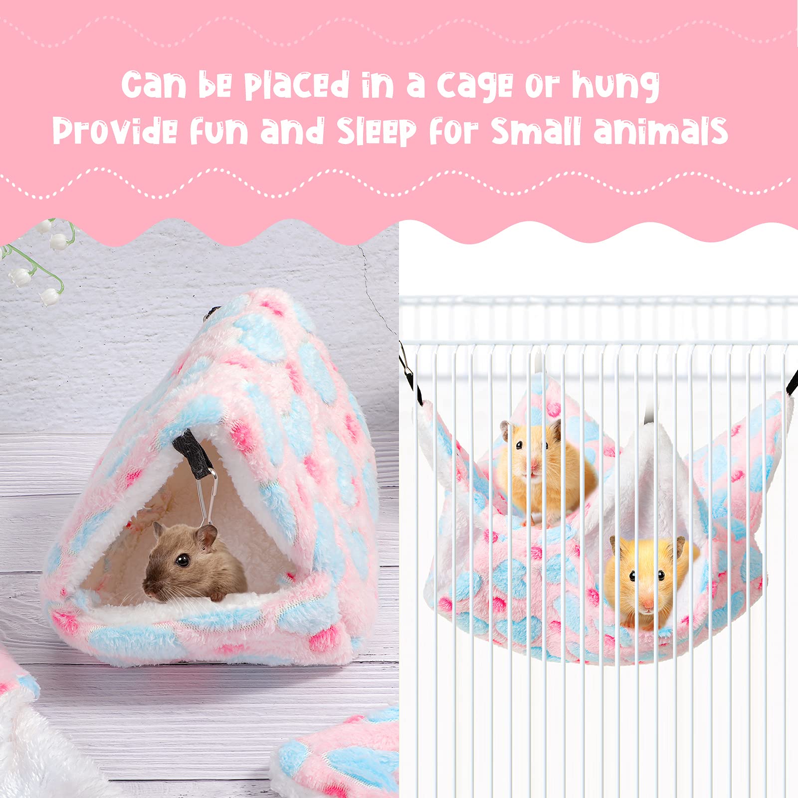 3 Pieces Small Pet Cage Hammock Set Include Double-Layer Sugar Glider Swinging Bed Hanging Rat House Cage and Hamster Warm Bed Mat for Rat Parrot Ferret Squirrel Hamster Rat Playing Sleeping (Pink)