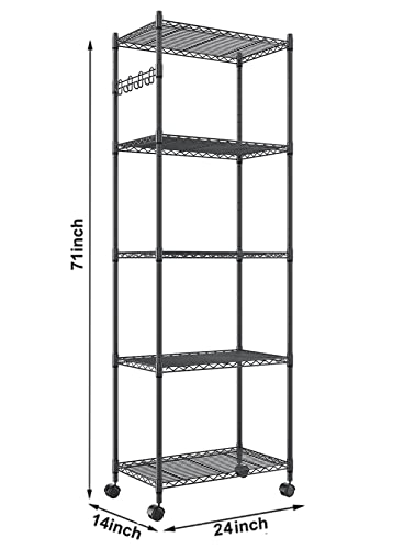 Devo 5-Tier Shelf Storage Shelves, Metal Shelves for Storage, Wire Shelving Unit, Adjustable Shelves Organizer for Garage, Pantry, Kitchen, Side Hooks, Black