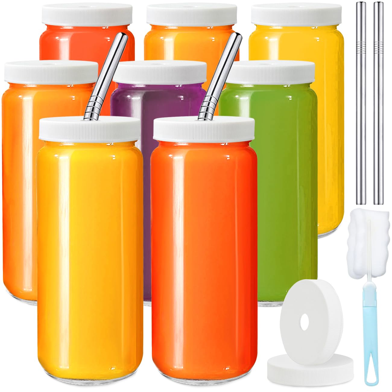 OAMCEG 8 Pack 16OZ Glass Juice Bottles with Straw Lids - Smoothie Cups with Lids and Straws, Reusable Juice Bottles for Juicing, Glass Drinking Mason Jars Travel Bottles Cup (Perforated Cover)