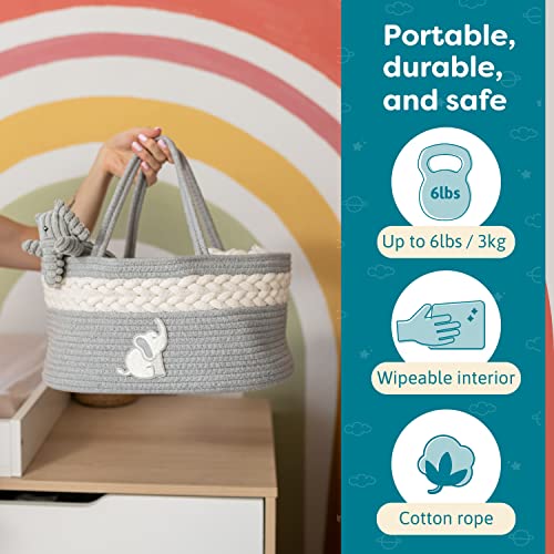 Cradle Star Diaper Caddy Organizer – Portable Baby Basket Diaper Storage Organizer with Compartments – Baby Diaper Caddy for Changing Table Nursery, Elephant Baby Shower Gifts - 100% Cotton Rope, Gray