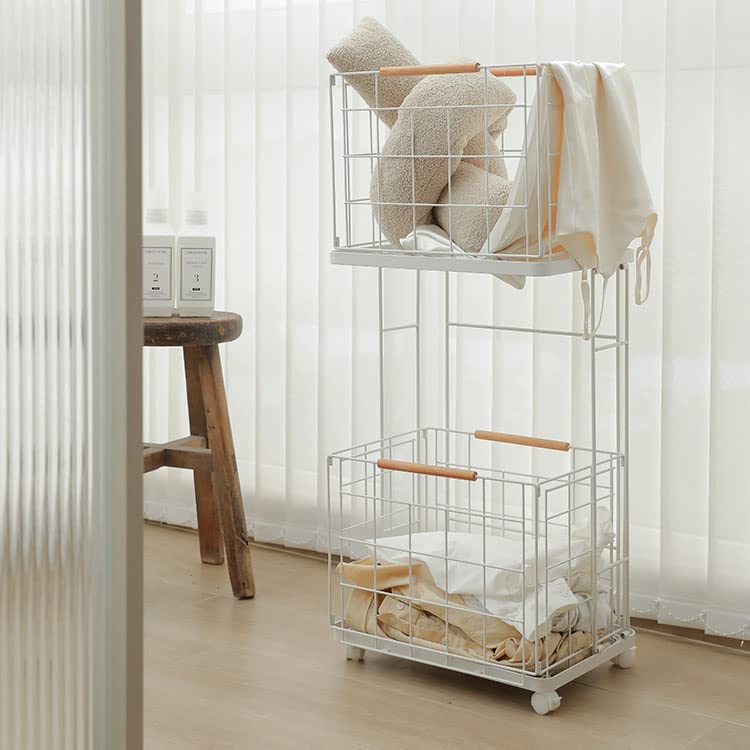 Double Layer Clothes Storage Cart, Rolling Laundry Basket Cart,Detachable Laundry Basket, Multi-layer Storage Basket, Home Bathroom Folding Storage Rack, Kitchen Shelf Fruit Rack