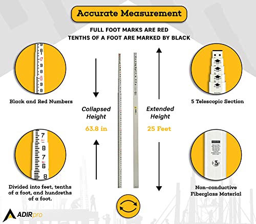 AdirPro 25-Foot Fiberglass Grade Rod β 10ths, 6-Section Telescoping Rectangular Leveling Rod β Non Glare and Corrosion Resistant β Heavy Duty Carrying Case Included