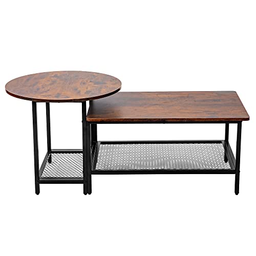 BETTAHOME 2 Piece Industrial Coffee Table Set, Detachable Nesting Rectangular and Round Side Table with Storage Shelf, Ideal for Living Room, Small Spaces Rustic Brown BT003