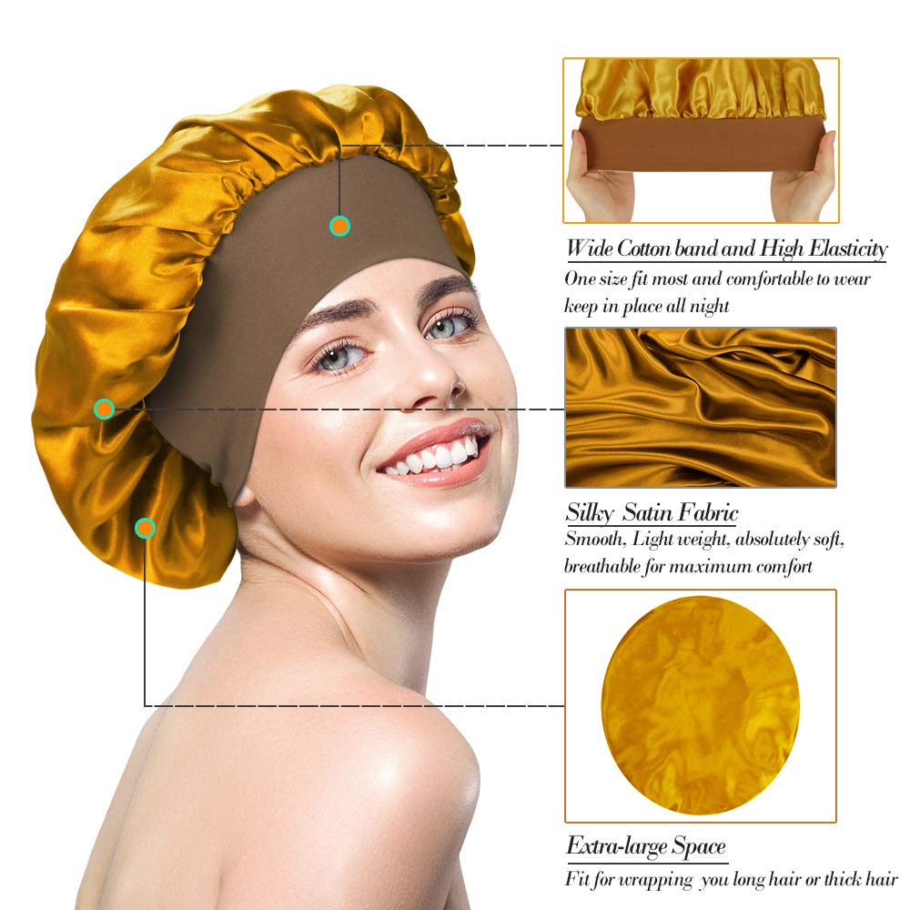 3 Pieces Wide Elastic Band Satin Sleep Bonnet Soft Night Sleeping Cap for Women Haircare