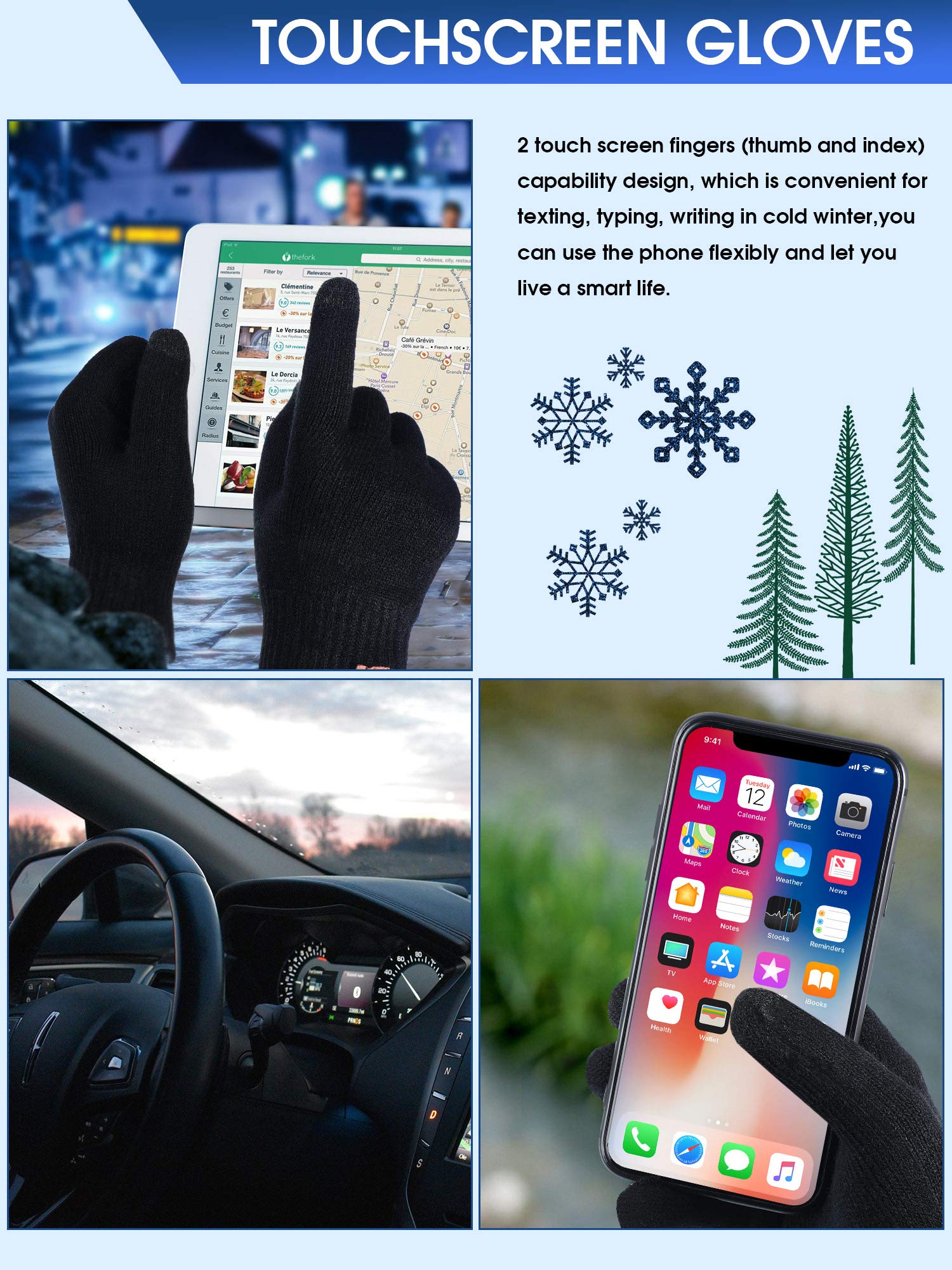 3 Pieces Winter Warm Set Beanie Hat Scarf Touchscreen Gloves (Black)