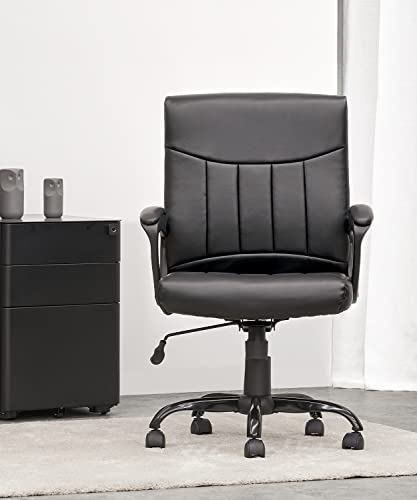 CLATINA Leather Office Executive Chair, Mid Back Computer Desk Chair with Lumbar Support and Padded Armrests, Ergonomic Adjustable Swivel Chair for Home, Black