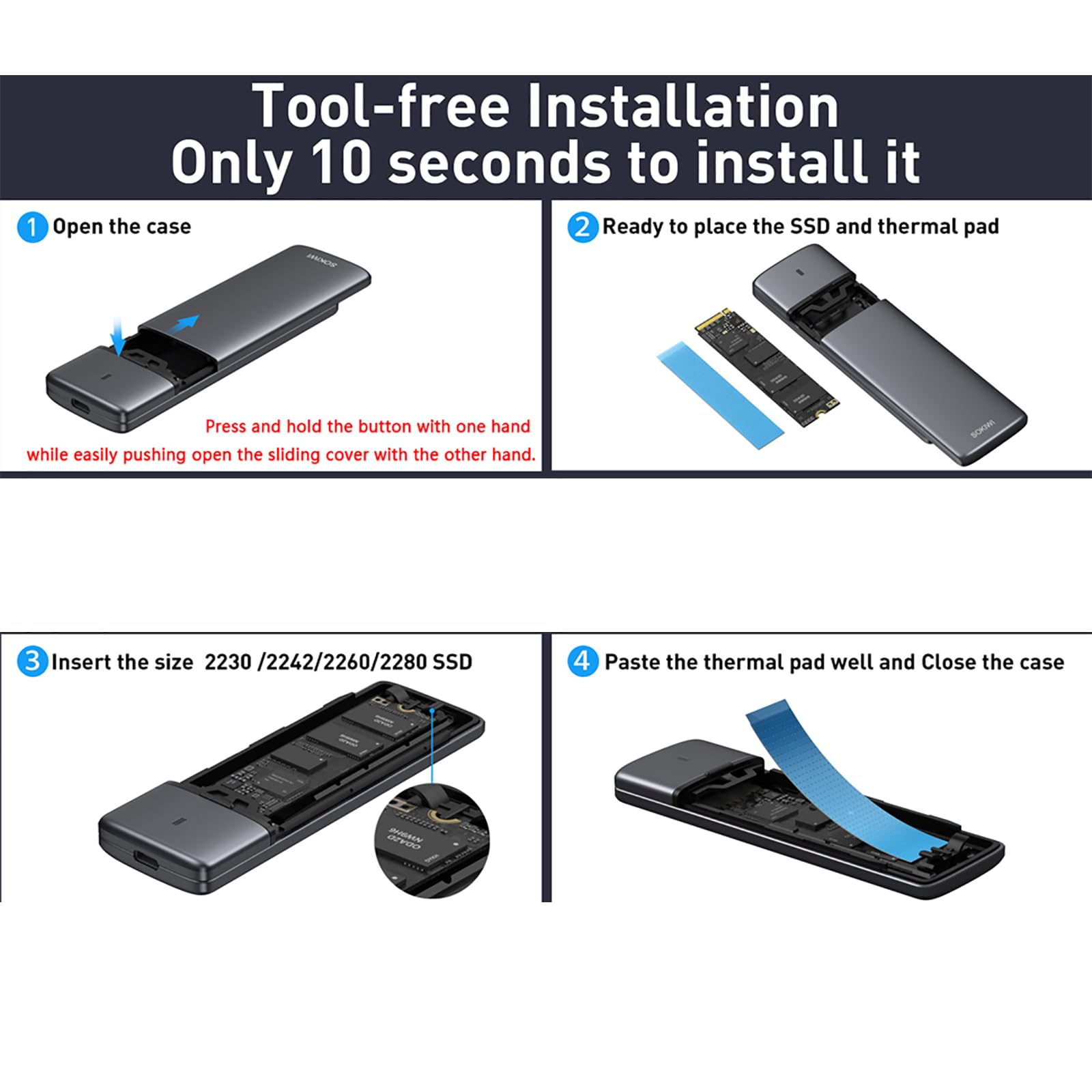 M.2 NVMe SATA SSD Enclosure Adapter Tool-Free, USB 3.2 Gen2 10Gbps External NVMe to USB PCI-E 6Gbps SATA M-Key / B+M Key, NVMe Reader Support UASP Trim for SSDs 2230/2242/2260/2280