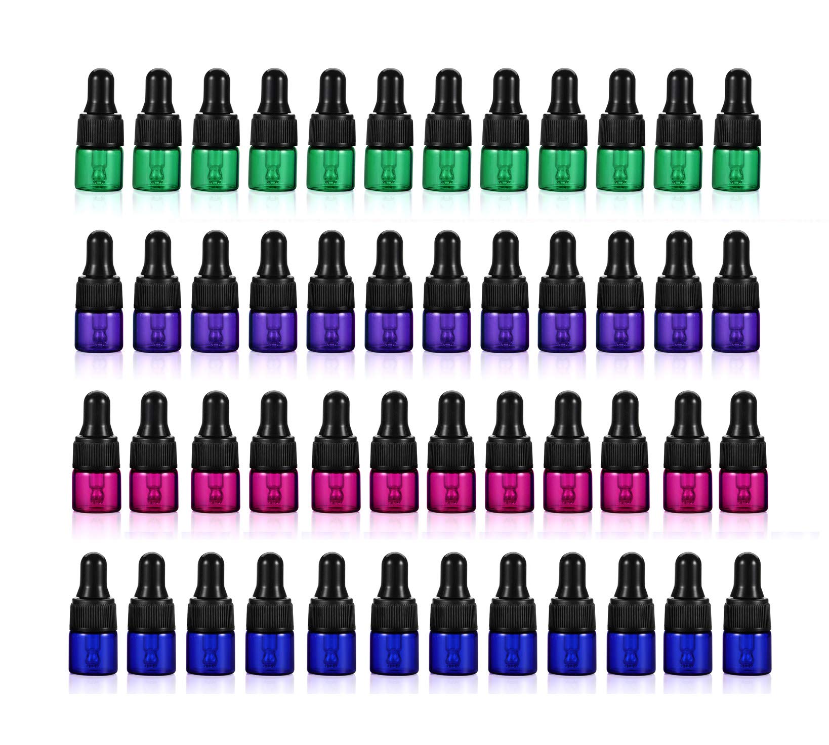 Elfenstall- 48Pcs/lot Small Dropper Bottles Colorful 1ml 1/4 Dram Essential Oil Glass Bottle Empty Lotion Perfume Sample Vials With Glass Eye Dropper + 1pc Clean Cloth + 2pc 1ml Dropper
