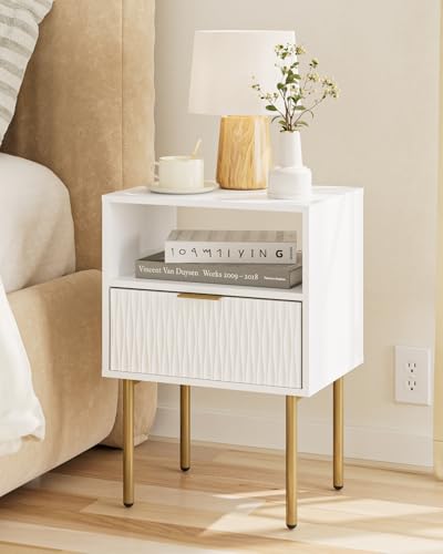 Aienvey Night Stand, Modern Bedside Table with Storage Drawer, Small Side Table with Open Wood Shelf, Bedside Furniture, Nightstand, End Table for Bedroom, Living Room, White