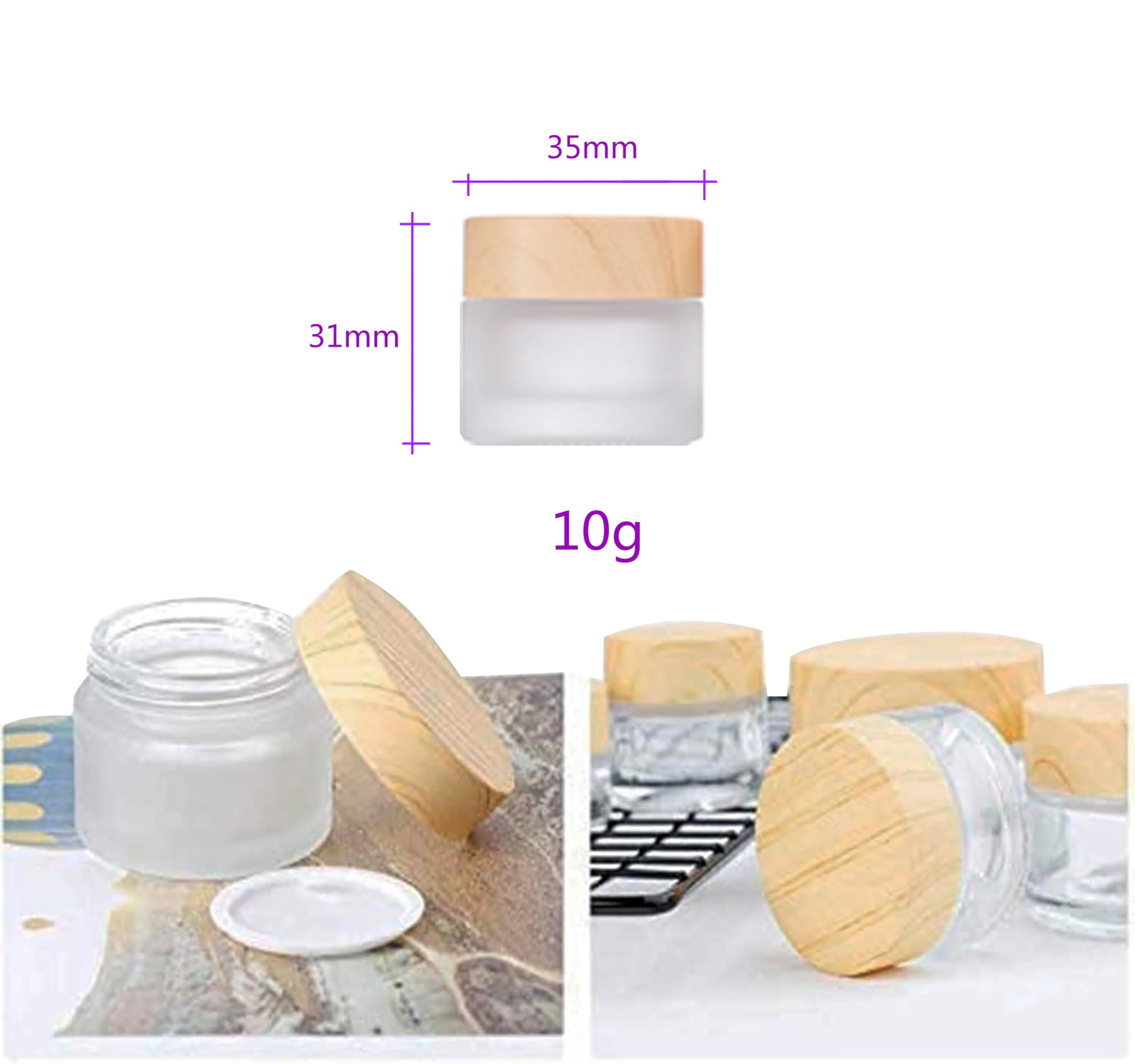 Healthcom 10 Pack 10 Grams/10 ML Empty Jars Round Frosted Glass Cosmetic Cream Jar Bottle with Wood Grain Lid Cosmetic Containers Refillable Glass Face Cream Box Pot for Makeup Lip Balms Eyeshadow