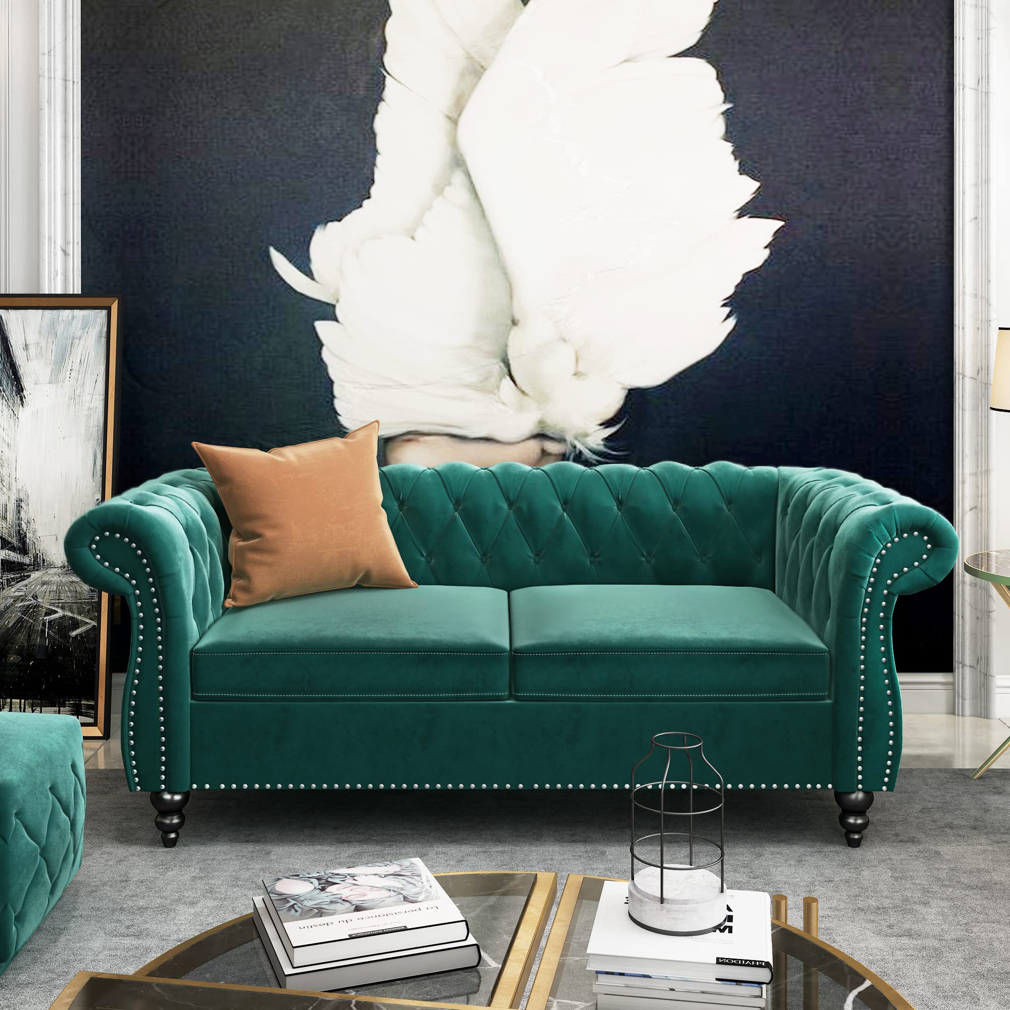 3 Piece Living Room Set, Velvet Chesterfield Sofa Loveseat Couch Chair with Scroll Arms and Nailhead for Living Room, Office (Green)