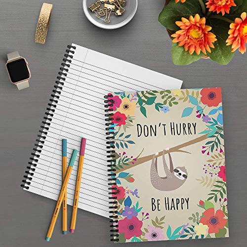 Softcover Be Happy 8.5" x 11" Funny Sloth Spiral Notebook/Journal, 120 Wide Ruled Pages, Durable Gloss Laminated Cover, Black Wire-o Spiral. Made in the USA