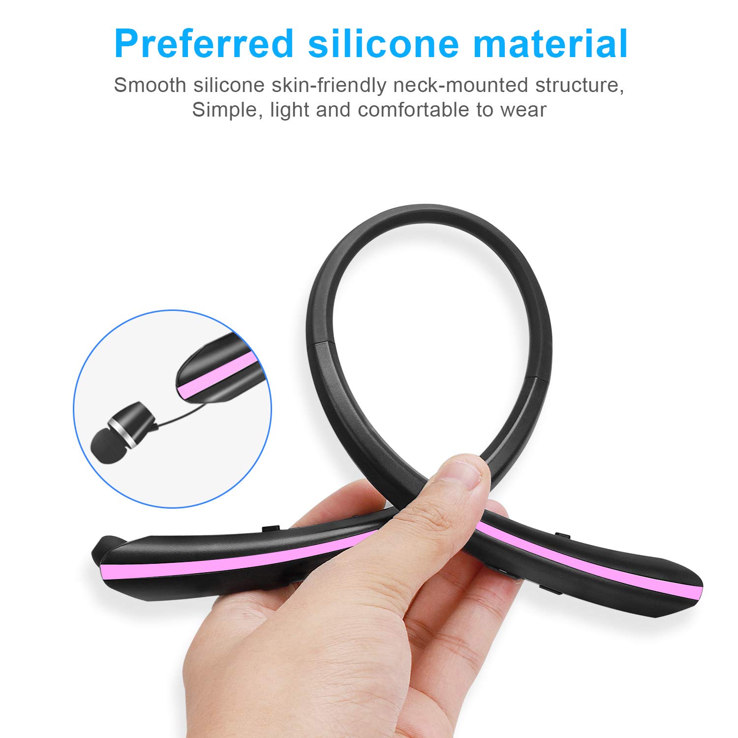 Bluetooth Headphones,Retractable Wireless Earbuds Neckband Headset Sports Noise Cancelling Stereo Earphones with Mic 24 Hrs Playtime Call Vibrate Alert(2020 Upgrade) (Black/Pink)