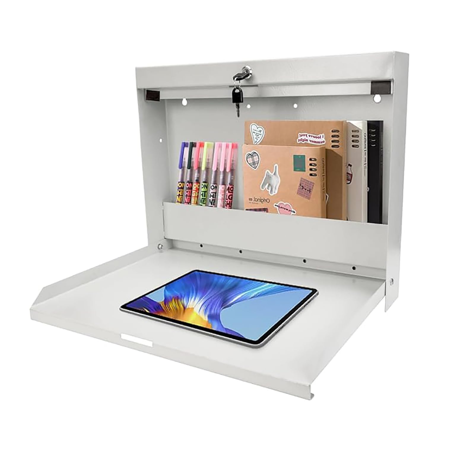 Reykilor Wall Mount Folding Desk with Chalkboard Front, Wall Desk Fold Down for Small Spaces Foldable Writing Desk Laptop Table with Storage Shelves for Home Office, Key Lock, Beige