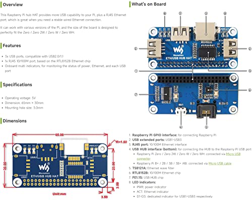 Waveshare Ethernet/USB HUB HAT, Compatible with Raspberry Pi 5/4B/3B/Zero/Zero W/Zero 2W/Pico/Pico W/Pico WH, 1x RJ45 Ethernet Port, 3X USB Ports