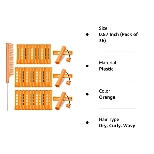 36 Pieces Cold Wave Rod Hair Perm Rods Hair Rollers Perming Rods Curlers with Steel Rat Tail Comb for Hairdressing Styling (Orange, 0.87 Inch)