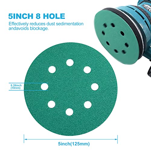 5 Inch Sanding Discs 50Pack 8 Hole Hook and Loop 800/1000/1200/1500/2000 Assorted Fine Grit Wet Dry Green 5” Sanding Disc for Random Orbital Sander Wood Metal Car Plastic Polishing and Finishing