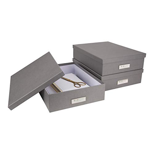 Bigso Oskar Fiberboard Label Frame Document Letter Box | File Organizer Document Box for Important Paperwork | Document Storage Box with a Lid & Metal Label Window | 3.3″x10.2″x13.8″ | Grey