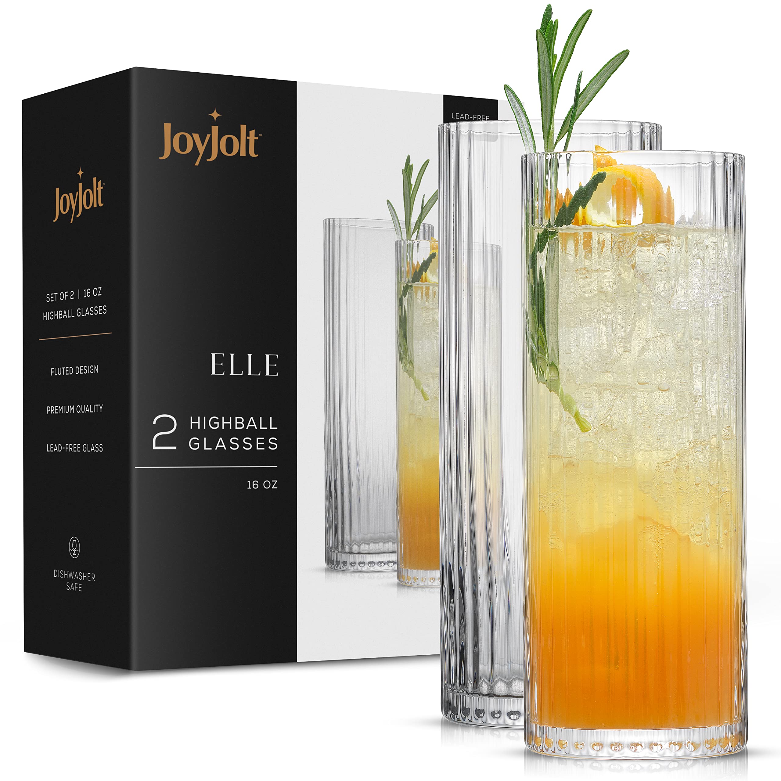 JoyJolt 16oz Fluted Highball Glasses - 2 Ribbed Tall Cocktail Tumblers for Gin, Juice, Water