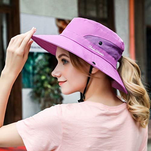 3 Pieces Women's Outdoor Ponytail Safari Sun Hat Foldable Mesh Wide Brim Beach Fishing Hat (Pink & Purple & Grey)
