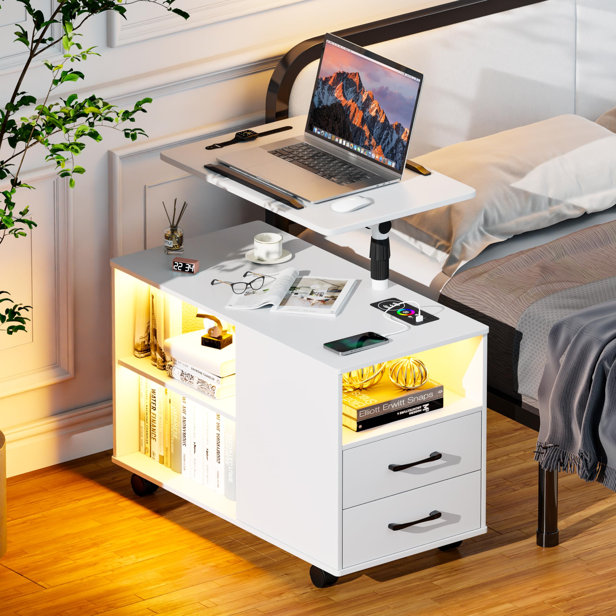 JDPAG RGB Nightstand with Wireless Charging Station, Smart End Table with 24-Color LED Lignts, Modern Night Stand with 360° Laptop Tray, Large Side End Table with Open Shelf, 5 Wheels
