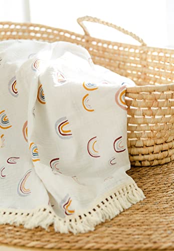 CHUNGEL Cotton Baby Muslin Tassles 40"x 47", Baby Receiving Blanket with Fringe, Boho Muslin Swaddle Blanket with Fringe - Rainbow